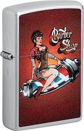 Zippo Sturmfeuerzeug - Barber Shop Pin-up, Satin Chrome, Color Image - Nachfüllbar - Wiederverwendbar - Windfestes Design - Geschenkbox - Made in USA