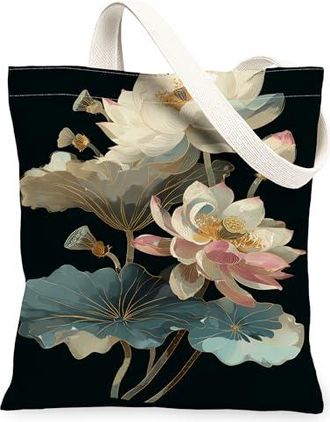 Generic Sacs fourre-tout en toile motif floral n&eacute;nuphar &eacute;l&eacute;gant, sacs r&eacute;utilisables, toile l&eacute;g&egrave;re et lavable pour Tra, noir, 13x15 Inch
