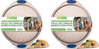 Nutrichef Pizzablech Gold &Oslash; 32 cm - Rund, Gelocht, Antihaft, Carbonstahl Ideal als Pizzateller | Sp&uuml;lmaschinengeeignet, BPA-frei & stapelbar (Packung mit 2)