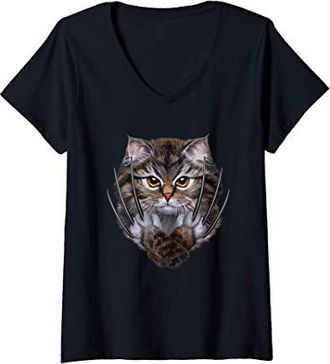 Fox Republic Design Femme Guerrier chat tigré avec une longue griffe T-Shirt avec Col en V
