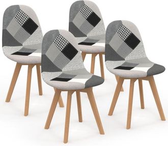 IDMarket Idmarket - Lot de 4 chaises scandinaves sara motifs patchworks noirs, gris et blancs