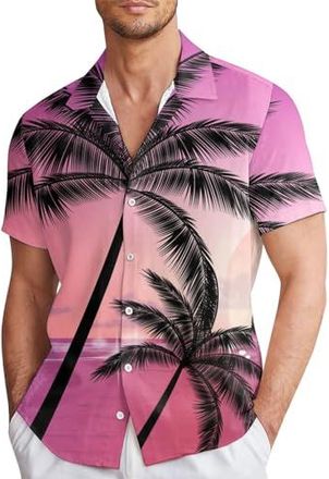 Generic Chemise hawa&iuml;enne tropicale &agrave; manches courtes boutonn&eacute;e pour homme - Chemise d&eacute;t&eacute; carib&eacute;enne - Graphique hawa&iuml;en - Palmier - Croisi&egrave;re - F&ecirc;te d&eacute;contra