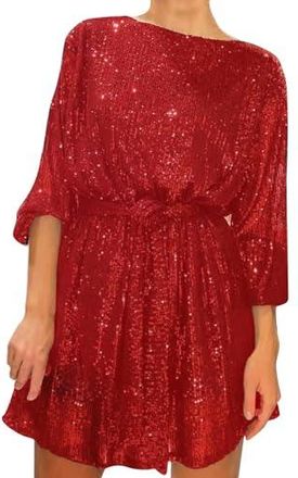 Generic Robe &agrave; paillettes &agrave; manches longues pour femme, Rouge, XXL