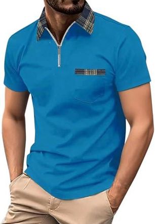 Generic Polo pour homme &agrave; manches courtes et demi-fermeture &eacute;clair, pull d&eacute;contract&eacute; &agrave; col polo avec poche de poitrine, haut de sport l&eacute;ger &eacute;vacuant lhumidit&eacute;