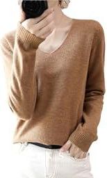 Generic Pull à manches longues pour femme, col en V, coupe ample, pull décontracté pour femme, pull de couleur unie, Marron doré gris, XL