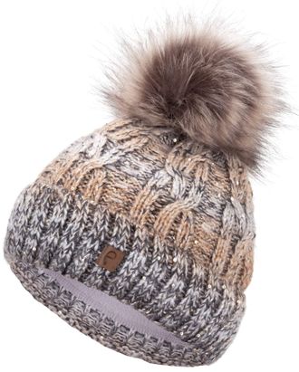 Faera Winterm&uuml;tze M&uuml;tze Damen gef&uuml;ttert mit Pailletten Bommelm&uuml;tze Fleecefutter Winter Strickm&uuml;tze Beanie-M&uuml;tze, Farbe:Beige