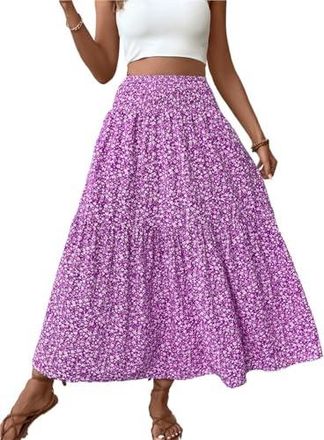 Generic Jupe longue smockée taille haute pour femme, style bohème décontracté avec poches, petites coutures florales à trois couches, jupe trapèze, Fleur viol