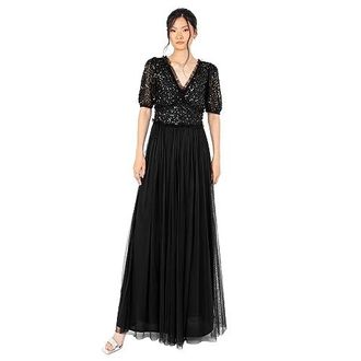 Maya Womens Maxi Dress Ladies V-Neck Short Sleeve Sequin Embellished Tulle Ruffle for Wedding Guest Bridesmaid Ball Gown Robes, Noir, 42