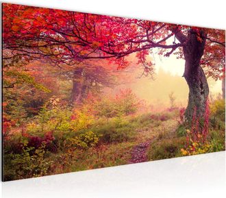 Runa Art Wandbild Wald Landschaft 1 Teilig 100 x 40 cm Modern Bild auf Vlies Leinwand Herbst Schlafzimmer Wohnzimmer Rosa 611612a