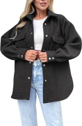 Generic Veste chemise en polaire pour femme - Veste longue boutonn&eacute;e surdimensionn&eacute;e avec poches pour le printemps 2026, Noir, XL
