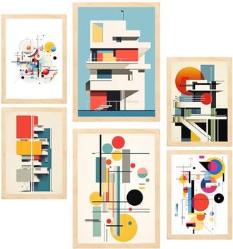 Nacnic Lot de 6 Architecture d&eacute;construite du Bauhaus Feuille encadr&eacute;e avec illustration design pour d&eacute;corer les murs de maison. Chambre bureau, boutique A3 e