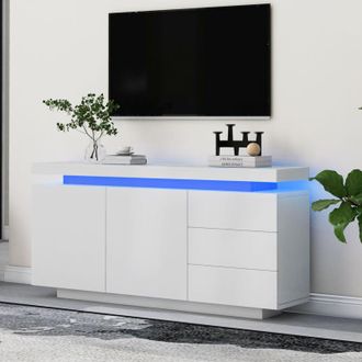 Urban Meuble Urban Meuble - Buffet blanc laqué avec éclairage led 2 portes 3 tiroirs 140x38x72cm