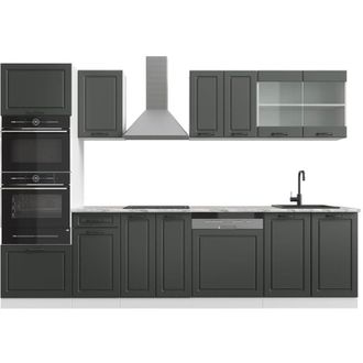 Vicco Küchenzeile R-Line, Anthrazit Landhaus/Weiß, 300 cm mit Hochschrank, ap Marmor