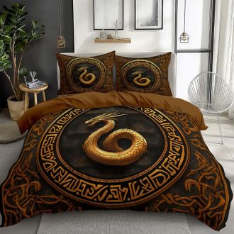 Generic 240 x 220 cm Bettwäsche Bettbezug Set Braun, Wikinger Runen Drache Mikrofaser Bequeme Hypoallergener Bettbezüge 3 Teilig und 2 Kissenbezug für Jugendl