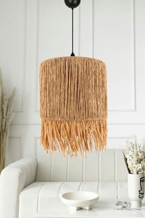 Opviq Elegant Oak Chandelier with Adjustable Height (25-67 cm), Plastic Body & Jute Cap, &Oslash;25 cm | Max 40W E27 Bulb (Not Included) | Stylish Lighting for Mod