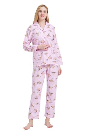 Global Schlafanz&uuml;ge Damen Flanell | Baumwolle Damen Pyjama Set | Zweiteiliger Nachtw&auml;sche Damen Pjs Set Lang | Knopfleiste vorne und Kordelzug | Rosa, Faulti