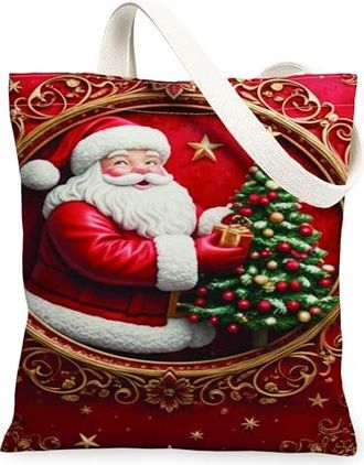 Generic Sacs fourre-tout en toile vintage de No&euml;l, motif P&egrave;re No&euml;l, sacs d&eacute;picerie r&eacute;utilisables, festifs, l&eacute;gers et lavables, Rouge, 13x15 Inch