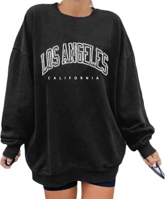 Minetom Damen Sweatshirt ohne Kapuze Los Angeles Vintage Drucken Oversized Langarmshirt Rundhals Pullover Tops M&auml;dchen Lockerer Oberteile Hip Hop Top Casual M