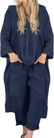 Generico Combinaisons élégantes pour femme en lin long, complètes deux pièces douces à manches longues chemise + pantalon taille haute combinaisons baggy mode 