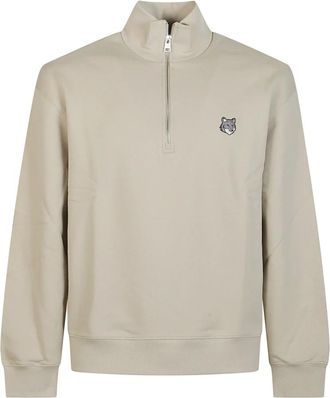 Maison Kitsun&eacute; Homme, Sweatshirts et sweats &agrave; capuche, Beige, Taille: M Fox Head Comfort Half Zip SweaT-shirt