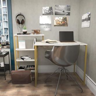 Hanah Home Modern Glam Study Desk, Gold Finish, 133 x 60 x 76.8 cm | 100% Melamine Coated Particle Board, 18 mm Thick, Sturdy Metal Frame | Stylish & Functional