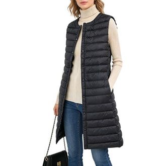 Generic Gilet matelass&eacute; long et l&eacute;ger sans manches &agrave; col rond boutonn&eacute; pour femme, Noir, XXL