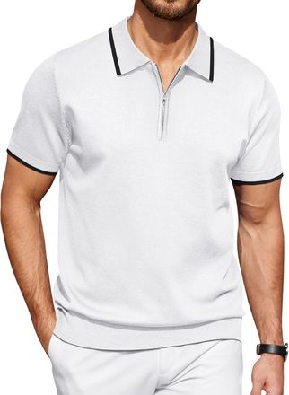 Coofandy Herren-Poloshirt mit Rei&szlig;verschluss, l&auml;ssig, gestrickt, kurz&auml;rmelig, Klassische Passform, Weiss/opulenter Garten, XL