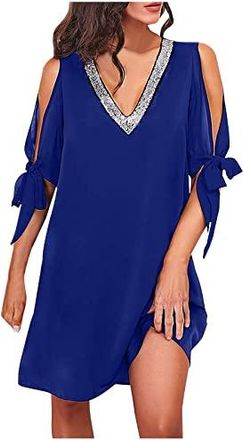 FNKDOR Robe Dété Femme Couleur Unie Robe en Mousseline de Soie à Manches Courtes Chic Paillette Col en V Robe Tunique Fluide A-Line Robe de Bal Fête Élégant 