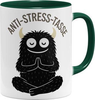 OM3 Monster Anti-Stress Kaffee-Tasse mit Spruch - lustige Keramiktasse Namaste-Motiv - Meditation - Keramik Becher - 325ml - Beidseitig Bedruckt - Gr&uuml;n
