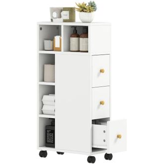 HOMCOM Meuble de salle de bain &agrave; roulettes - HOMCOM - 3 tiroirs, 5 compartiments ouverts et &eacute;tag&egrave;res r&eacute;glables - 20 x 40 x 80 cm - blanc