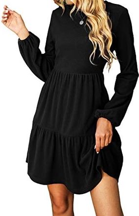 Cupshe Mini robes dautomne en tricot d&eacute;contract&eacute; &agrave; manches longues et col rond pour femme, robe pull courte fluide &agrave; volants, noir, Taille M