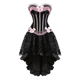 Grebrafan Corset Bustier Femme &agrave; Rayures et Jupe Asym&eacute;trique en Tulle (EU(36-38) L, Rose)