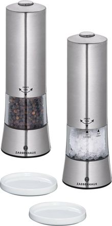 Zassenhaus Salz und Pfeffermühle Gera elektrisch Edelstahl mit Untersetzer