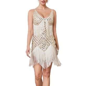 Generic &Eacute;l&eacute;gante robe de soir&eacute;e sans manches avec col &agrave; paillettes et franges pour les occasions festives, les bals et les d&icirc;ners, beige, XL