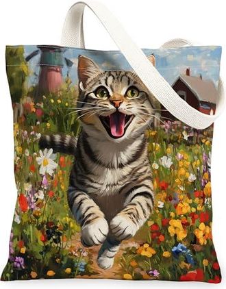 Generic Sac fourre-tout en toile motif chat am&eacute;ricain &agrave; poil court printanier 33 x 38,1 cm, sac d&eacute;picerie r&eacute;utilisable pour femme, motif floral amusant pour a
