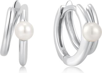 Ania Haie Damen Creolen CHIC CREATOR Parallel Duo Freshwater Pearl Huggies aus 925 Sterling Silber, verziert mit 2 Süßwasserperlen, Größe: 13,5 x 5,7 mm, inkl. 