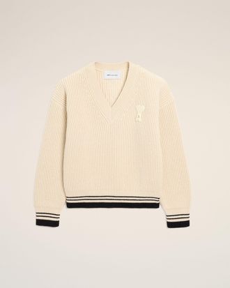 Ami Pull Blanc Col V Ami De Coeur en Laine C&ocirc;tel&eacute;e Blanc - XXL - Unisex