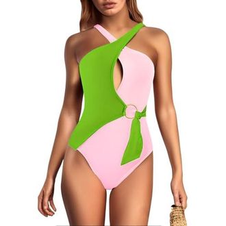 Generic Maillot de bain une pi&egrave;ce pour femme - Monokini imprim&eacute; push-up - Contr&ocirc;le du ventre - Couleur unie - Style vintage - V&ecirc;tements de bain d&eacute;t&eacute;, Vert, XL