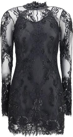 Blumarine Beaded Lace Embroidered Mini Dress - Black