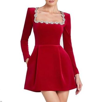 Generic Mini robe en velours pour femme avec col carr&eacute; et coutures en strass, coupe trap&egrave;ze, &agrave; volants, avec poches, Rouge, XL