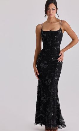 House of CB Naima - Robe corset longue orn&eacute;e de perles &agrave; la main - Noir