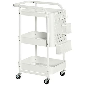 HOMCOM Desserte Chariot de Rangement pour Bureau en m&eacute;tal Chariot de Service &agrave; roulettes 3 Niveaux avec 2 Range-Couverts 4 Crochets dim.51,5L x 32l x 75,6H c