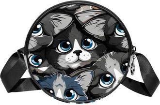 Generic Petit sac &agrave; bandouli&egrave;re rond pour femme, imprim&eacute; chat, sac &agrave; dos avec fermeture &eacute;clair, bretelles r&eacute;glables, sac &agrave; main rond d&eacute;contract&eacute; pour femmes e