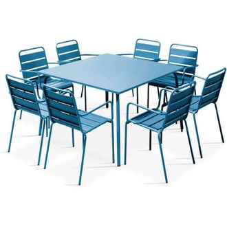 Oviala Ensemble table de jardin carr&eacute;e et 8 fauteuils en m&eacute;tal bleu pacific - Palavas