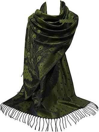 GFM &Eacute;charpe style pashmina en plumes de paon - Vert olive et noir - (PCKPASH-P-GHJTNKL)