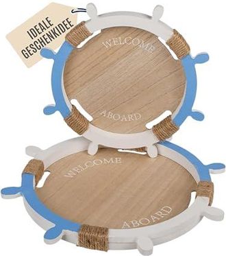 Out of the Blue Holztablett Welcome Aboard 2er-Set - Ma&szlig;e 30 &times; 30 & 25 &times; 25 cm - Maritimes Deko-Tablett mit Steuerrad-Design - Nautische Deko & Geschenkidee