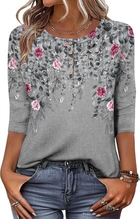Zeagoo T Shirt Damen Rundhals Tshirt 3/4 &Auml;rmel Basic Shirt Leichte L&auml;ssig Oberteile Sommer Tops mit Kn&ouml;pfe Floral Grau M