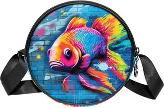 Generic Sac &agrave; bandouli&egrave;re rond pour femme, motif graffiti poisson, petit sac &agrave; bandouli&egrave;re avec fermeture &eacute;clair, bretelles r&eacute;glables, sac &agrave; main rond d&eacute;contr