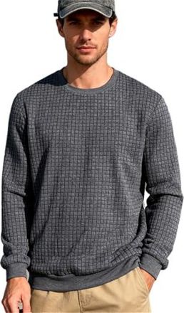 Generic Sweat-shirt gaufré à manches longues pour homme, décontracté, couleur unie, col rond, pull thermique texturé, gris foncé, 3XL