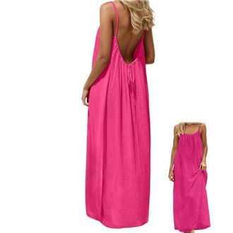 Generic Backless Cami Dresses, Casual Lounge Dress for Women, Solid Color Sleeveless Dress, Spaghetti Strap Flowy Long Beach Sundress (Rose Pink,Grand)